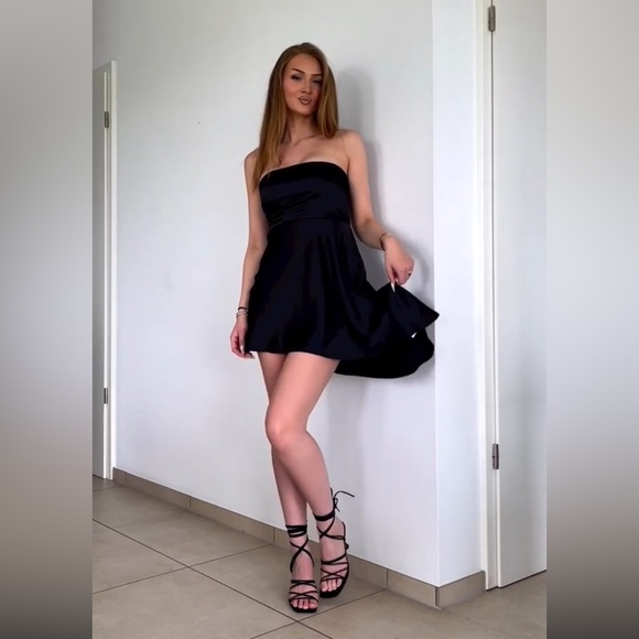 Zara | Dresses | Zara Black Strapless Satin Effect Dress | Poshmark